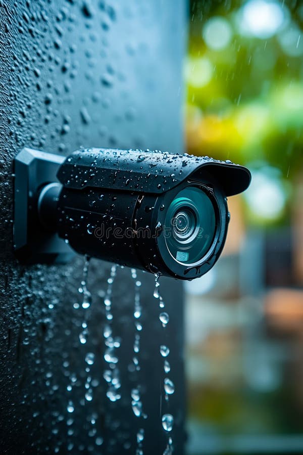 A Security Camera Mounted on a Wall in the Rain Stock Photo - Image of ...