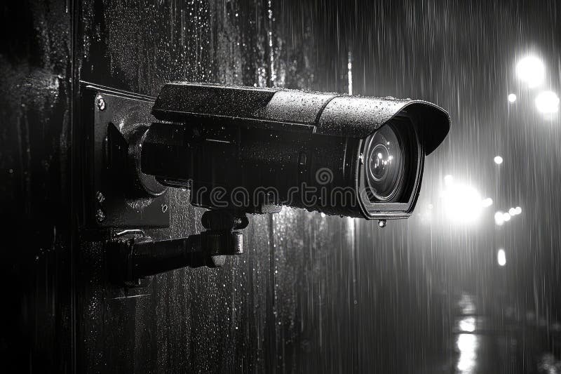 Rain-Soaked Security Camera at Night, Providing 24 7 Surveillance Stock ...