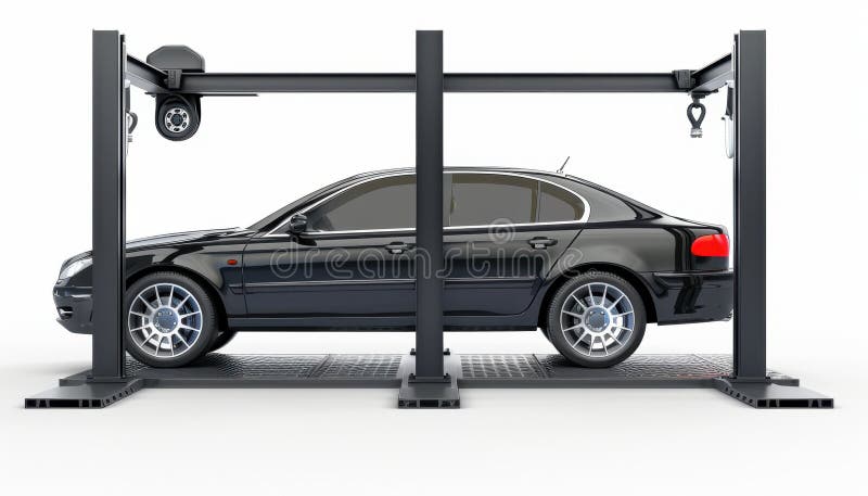 Black Sedan Elevated on a Two-post Car Lift in a Garage Setting during ...