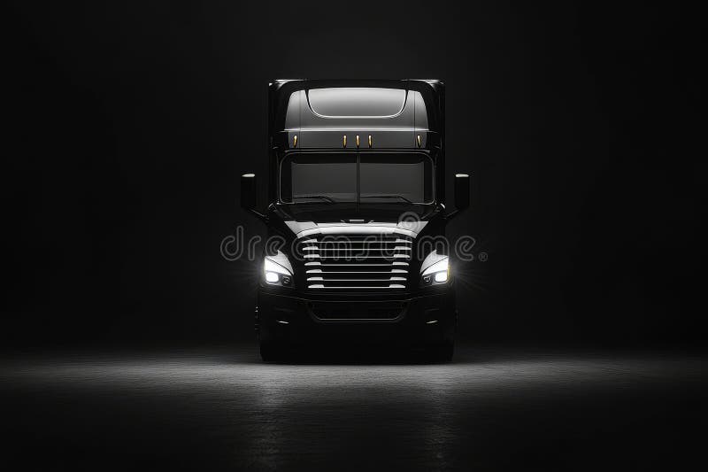 Black Semi-trailer Truck Standing in the Dark with Headlights on Stock ...