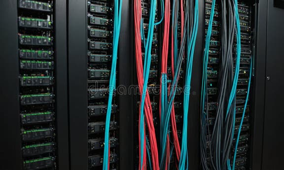 Black Server Rack with Multiple Rows Black Servers, Each with Red or ...