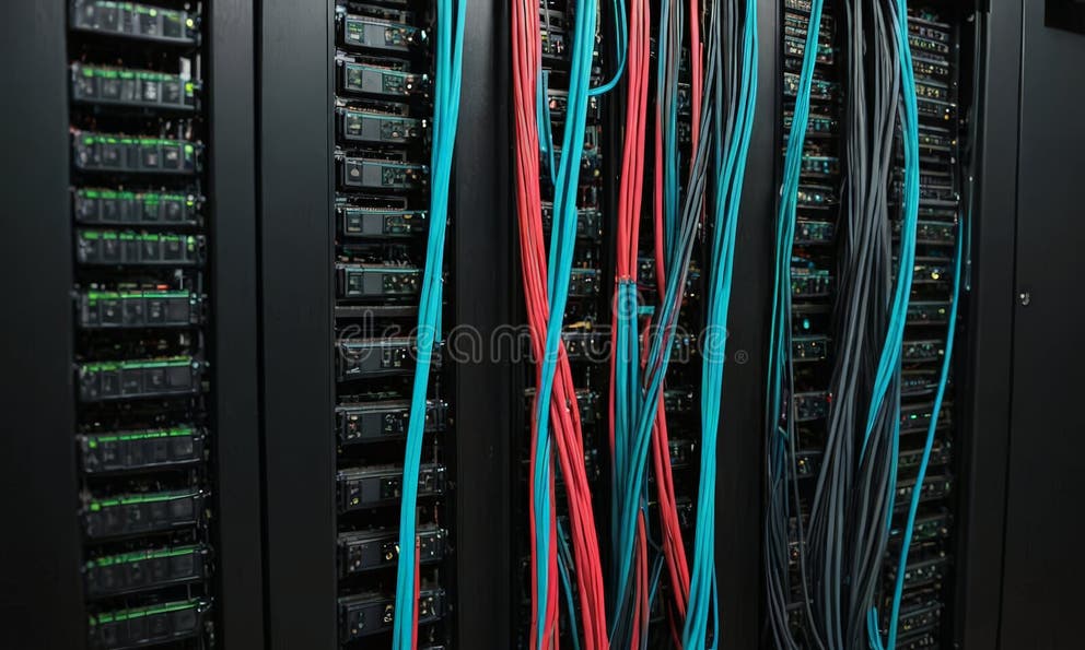 Black Server Rack with Multiple Rows Black Servers, Each with Red or ...