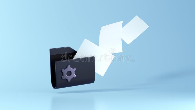 Black Setting Computer Folder with Flying Blank Documents. Stock ...