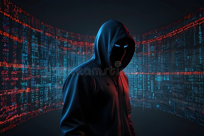 Hacker Vs. Defense: a Black, Shadowy Figure of a Hacker Types Away at a ...