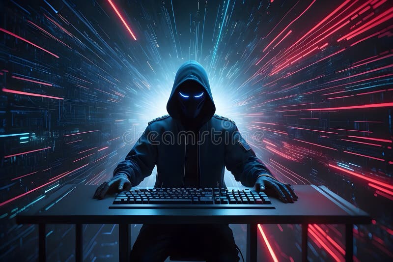 Hacker Vs. Defense: a Black, Shadowy Figure of a Hacker Types Away at a ...