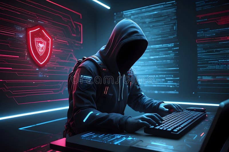 Hacker Vs. Defense: a Black, Shadowy Figure of a Hacker Types Away at a ...