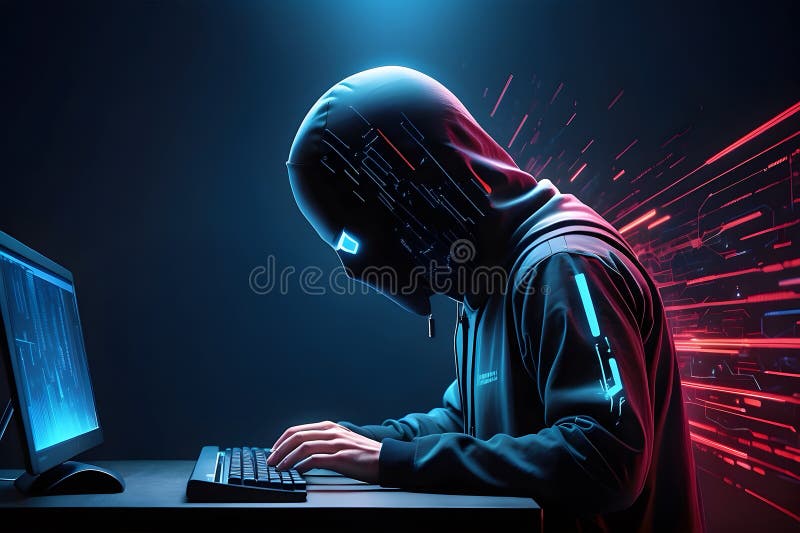 Hacker Vs. Defense: a Black, Shadowy Figure of a Hacker Types Away at a ...