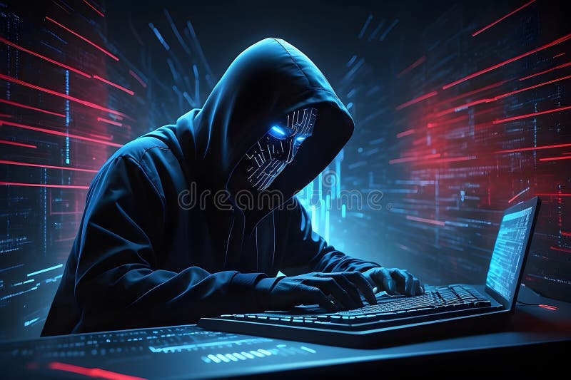 Hacker Vs. Defense: a Black, Shadowy Figure of a Hacker Types Away at a ...