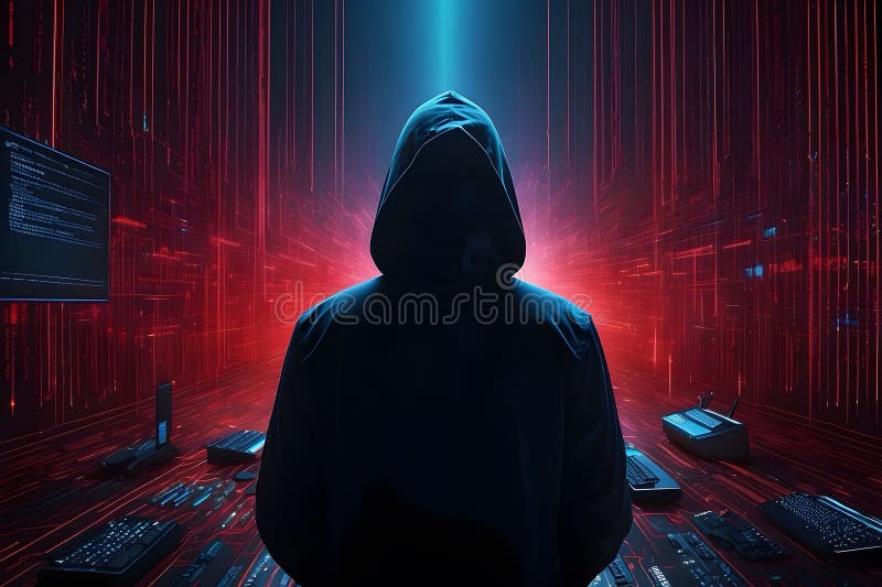 Hacker Vs. Defense: a Black, Shadowy Figure of a Hacker Types Away at a ...