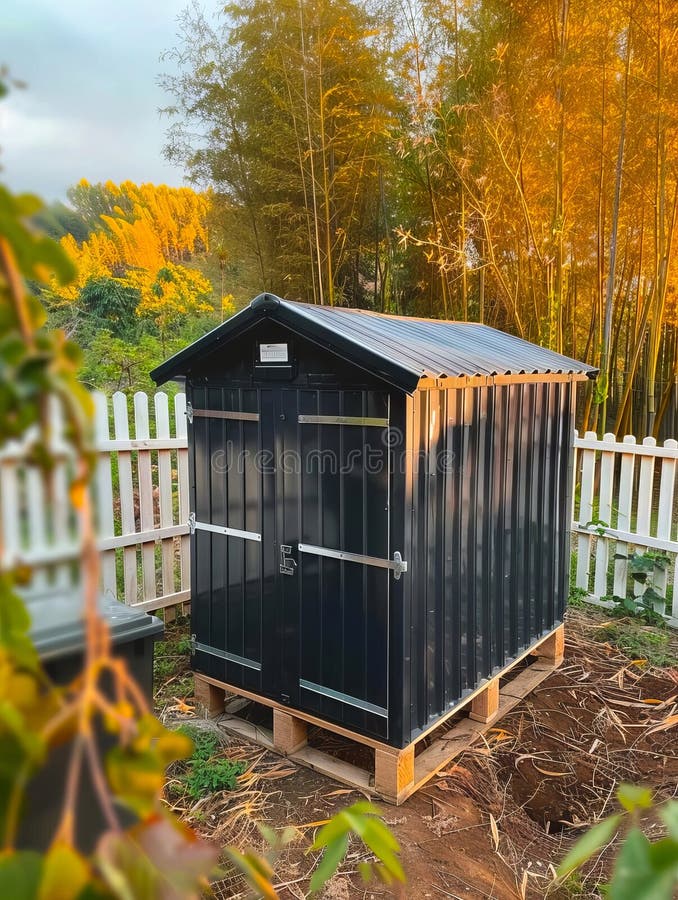 A Black Shed in a Backyard with Trees Stock Image - Image of fall ...