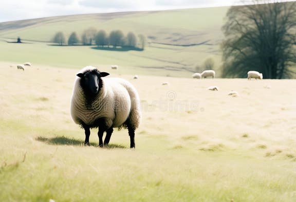 A Black Sheep with Curly Wool Standing in a Field Stock Illustration ...