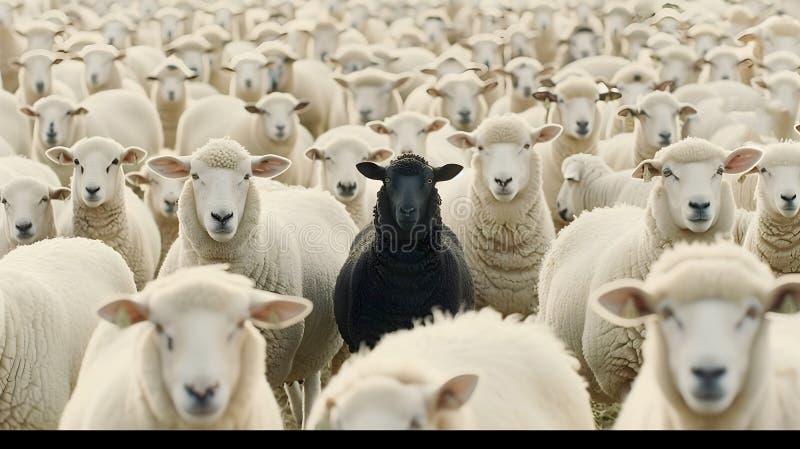 Black Sheep Facing Large Group of White Sheep Stock Illustration ...