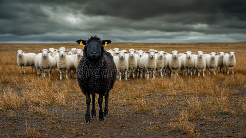 Black Sheep in Front of a Herd of White Sheep Under Dramatic Sky Stock ...