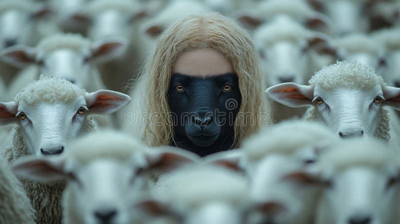 Black Sheep with a Human Face Standing among White Sheep. Stock ...