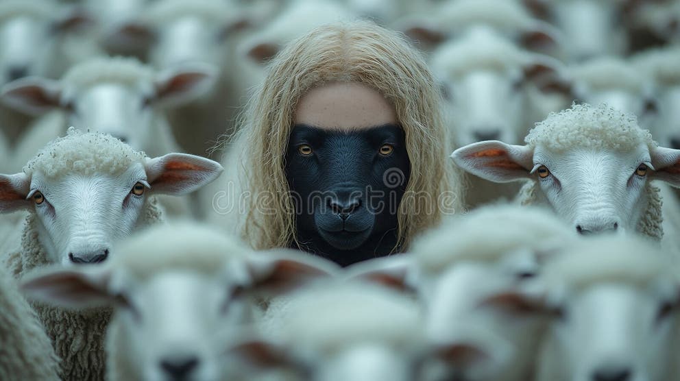 Black Sheep with a Human Face Standing among White Sheep. Stock ...