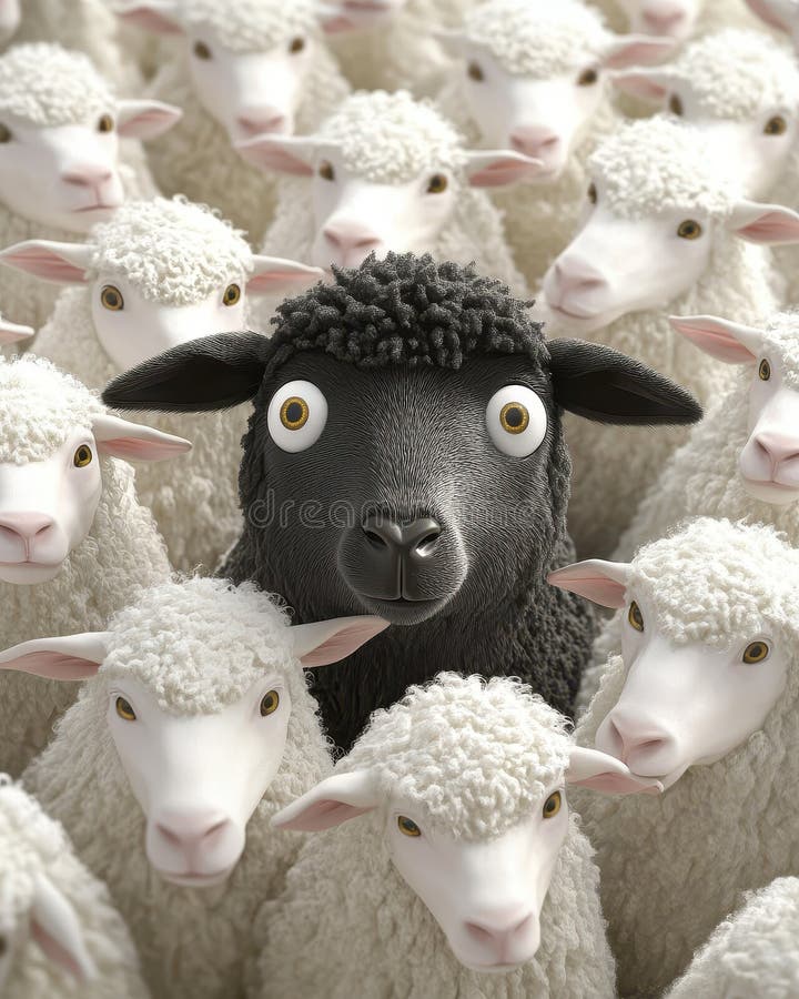 Black Sheep among Many White Sheep in a Stylized Scene Stock Image ...