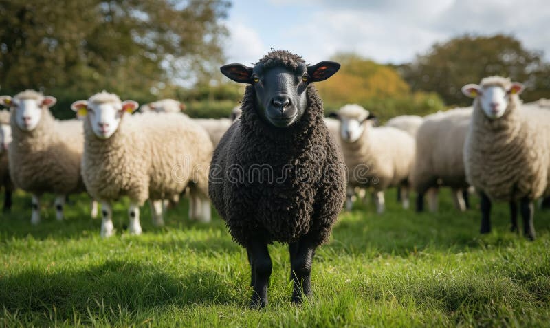 Black Sheep Standing Confidently in Front of a Flock of White Sheep in ...