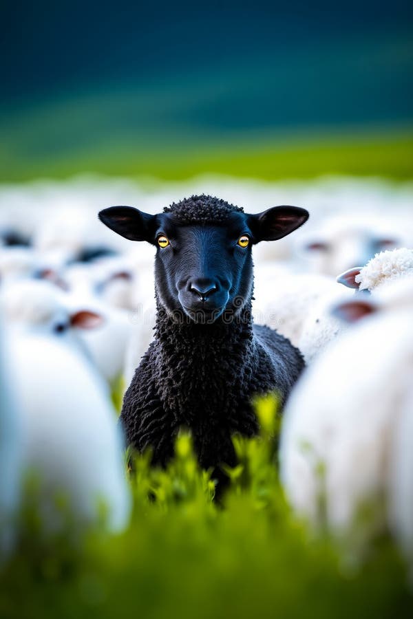 A Black Sheep Standing in a Field of White Sheep Stock Image - Image of ...