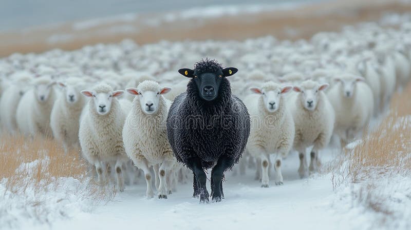 Black Sheep Standing Out in a Flock of White Sheep in the Snow. Stock ...