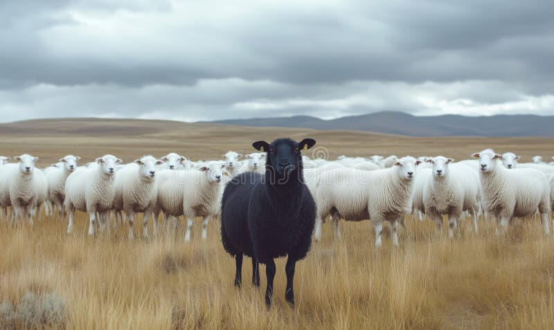 Black Sheep Standing Out among Flock of White Sheep in Vast Grassy ...