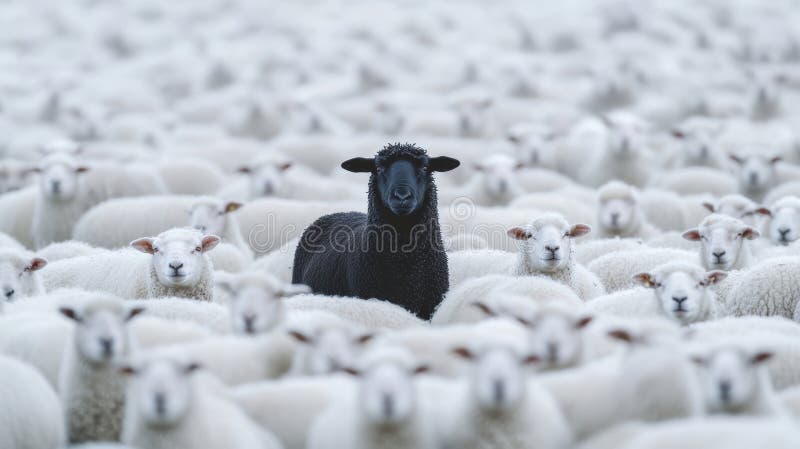 Black Sheep Standing Out in a Herd of White Sheep, Symbol of Uniqueness ...