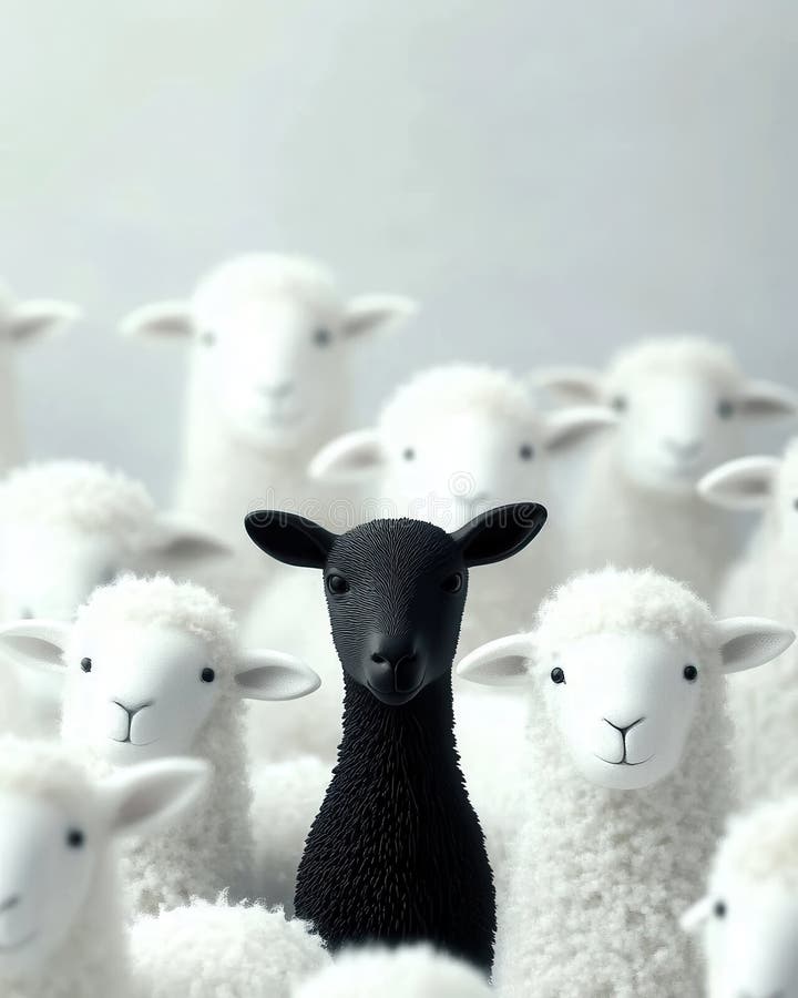 Black Sheep Standing Out among White Sheep in a Crowd Stock Image ...