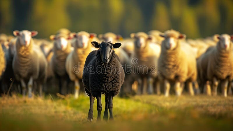 A Black Sheep Stands in a Field of White Sheep. the Black Sheep is the ...