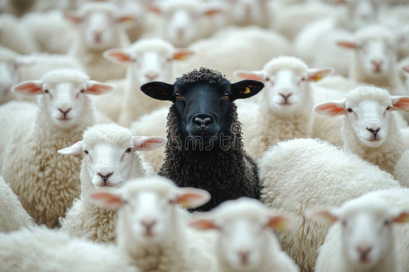 Black Sheep Stands Out from the Crowd of Many White Sheep, Representing ...