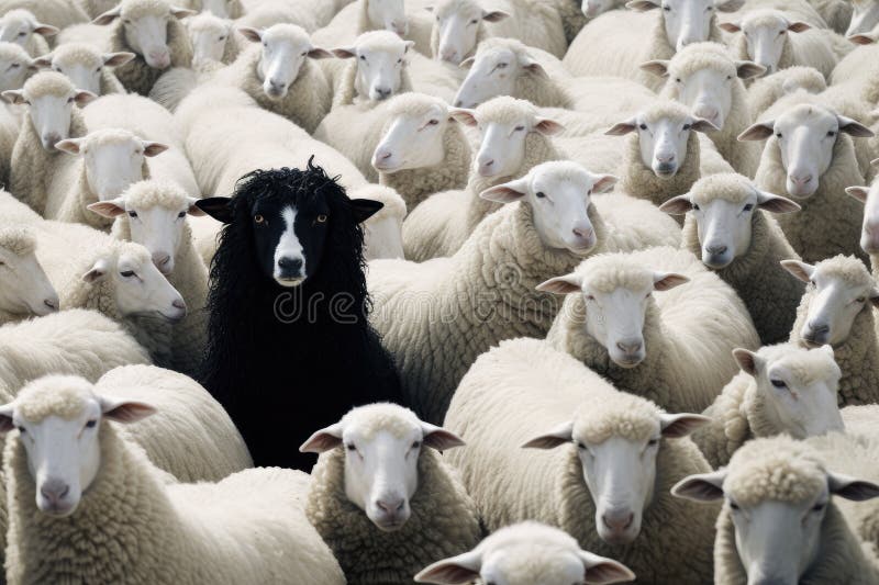 A Black Sheep Stands Out in a Flock of White Sheep Stock Illustration ...