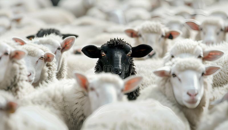 A Black Sheep Stands Out among a Flock of White Sheep, Symbolizing the ...