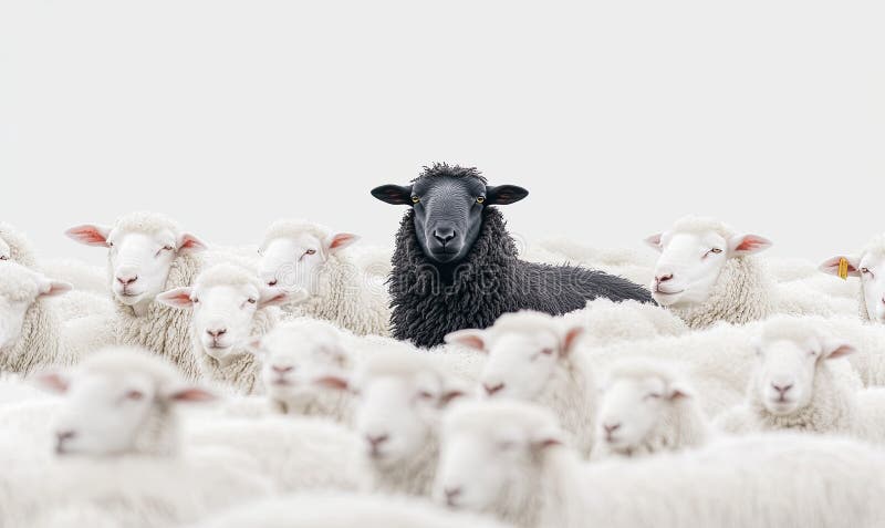 A Black Sheep Stands Out in a Herd of White Sheep. the Quality. Stock ...