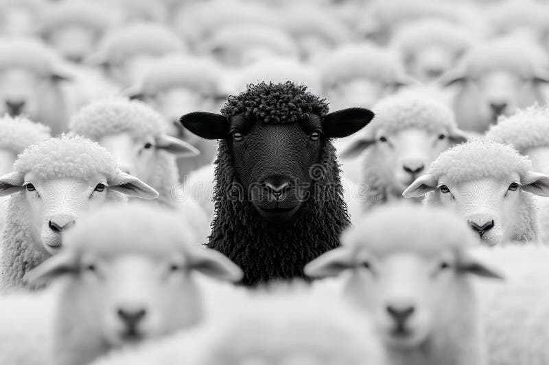 A Black Sheep Surrounded by a Flock of White Sheep. Stock Illustration ...