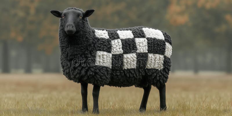 Black Sheep with Unique White Checkerboard Pattern on Its Wool Stands ...