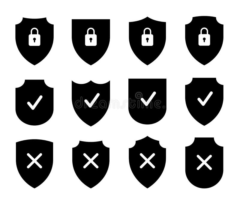 Black Shields of Different Shapes with Check Mark, Cross and Closed ...