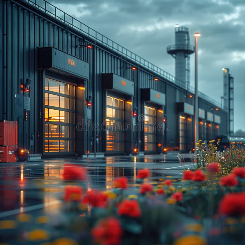 3 Black Shipping Containers in Front of an Industrial Production Fa ...