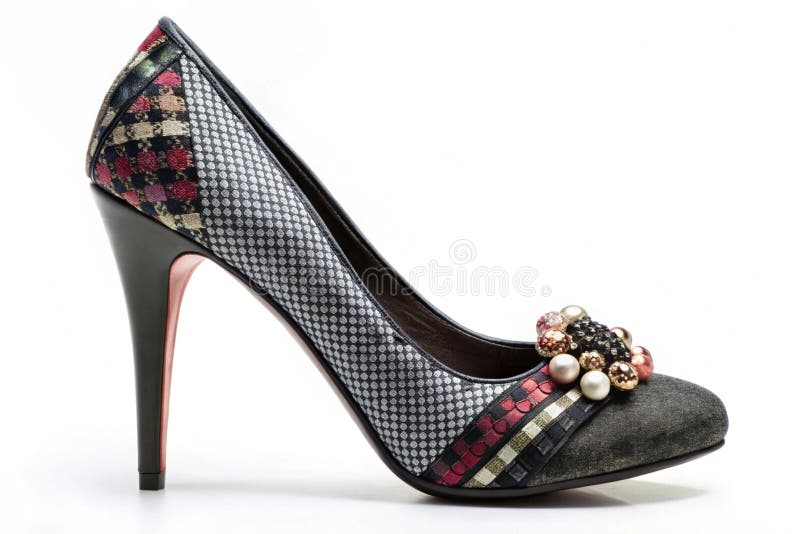 Black Shoe with High Heel Decorated with Textile Isolated on White ...