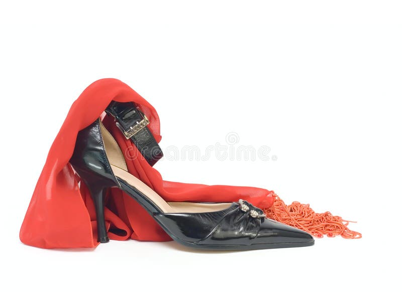 Black shoe and red fabric stock image. Image of female - 6637245