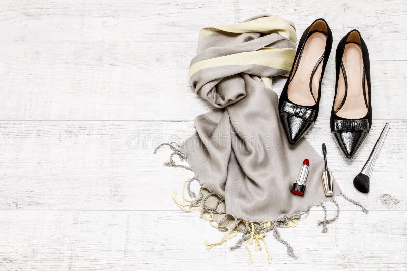 Black Shoes, Luxurious Scarf and Cosmetics Stock Image - Image of copy ...
