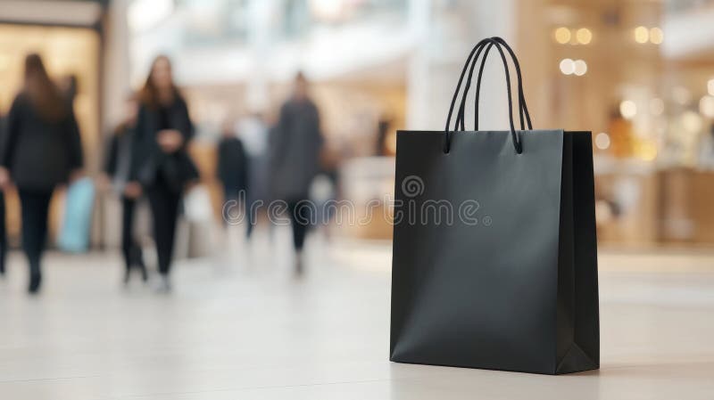 Black Shopping Bag in Modern Mall with Shoppers in Background. Black ...