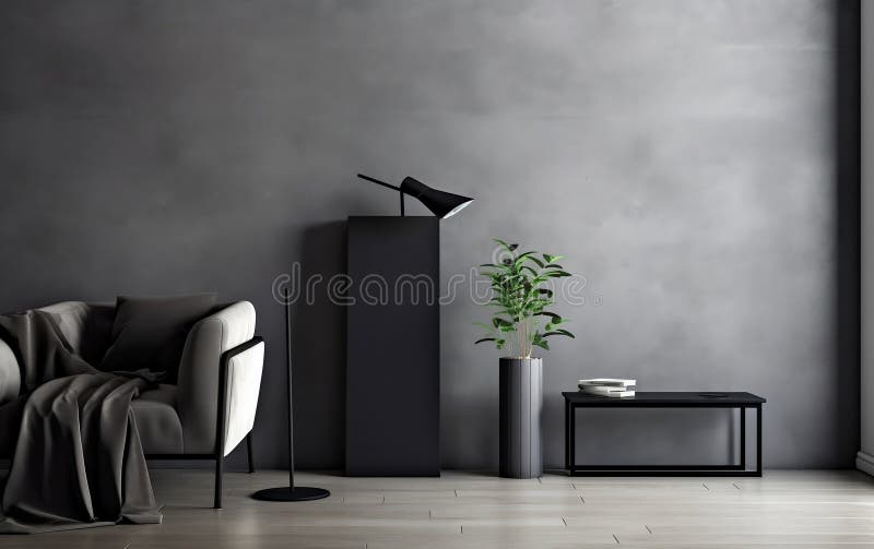 Black Side Table with Grey Wall Panels. Generative AI Stock ...