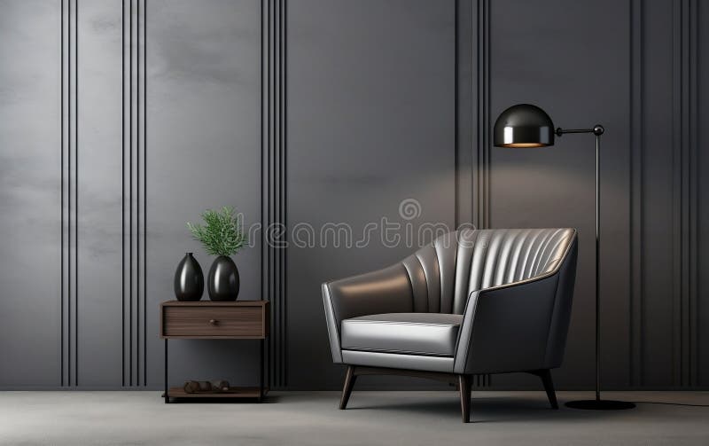 Black Side Table with Grey Wall Panels. Generative AI Stock ...