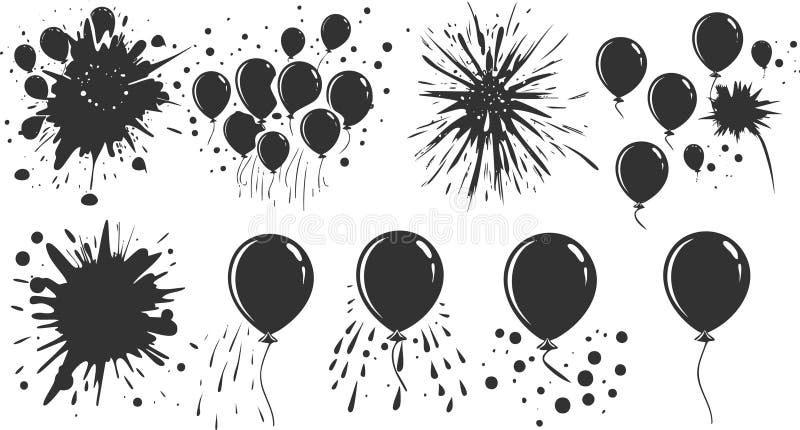 Black Silhouette of Balloons and Ink Splatters on White Background ...