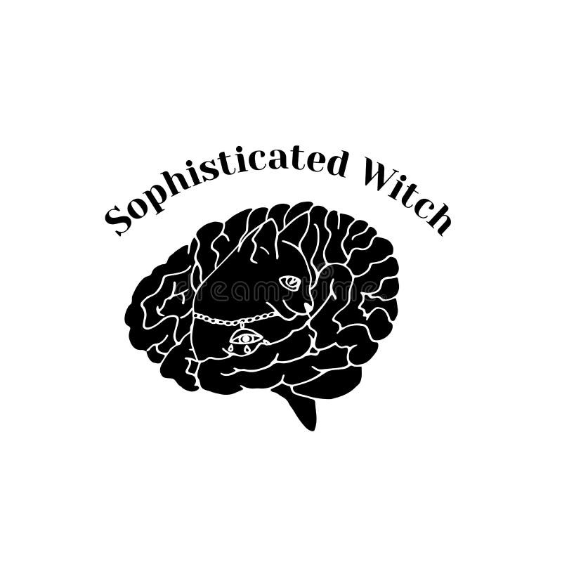 Black Silhouette of Cat Head Inside Brain and Text Sophisticated Witch ...