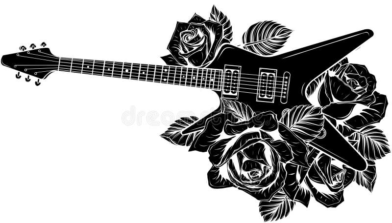 Black Silhouette of Electric Guitar with Roses. Vector Isolated on ...