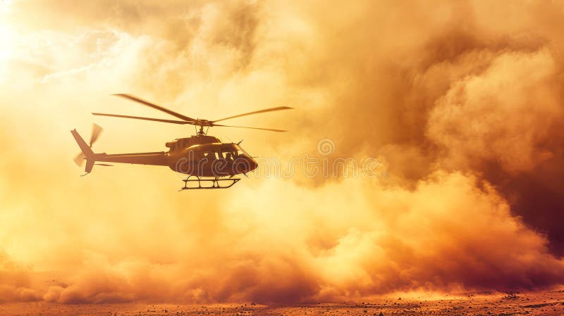 A Black Silhouette of a Helicopter Flying through a Thick, Golden Dust ...