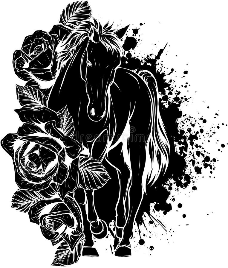 Black Horse and Red Rose Vector Flat Design Stock Vector - Illustration ...