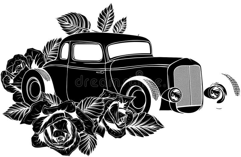 Black Silhouette of Hot Rod Car with Roses Stock Vector - Illustration ...