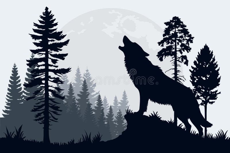 Black Silhouette of a Howling Wolf among Tall Trees Under a Full Moon ...