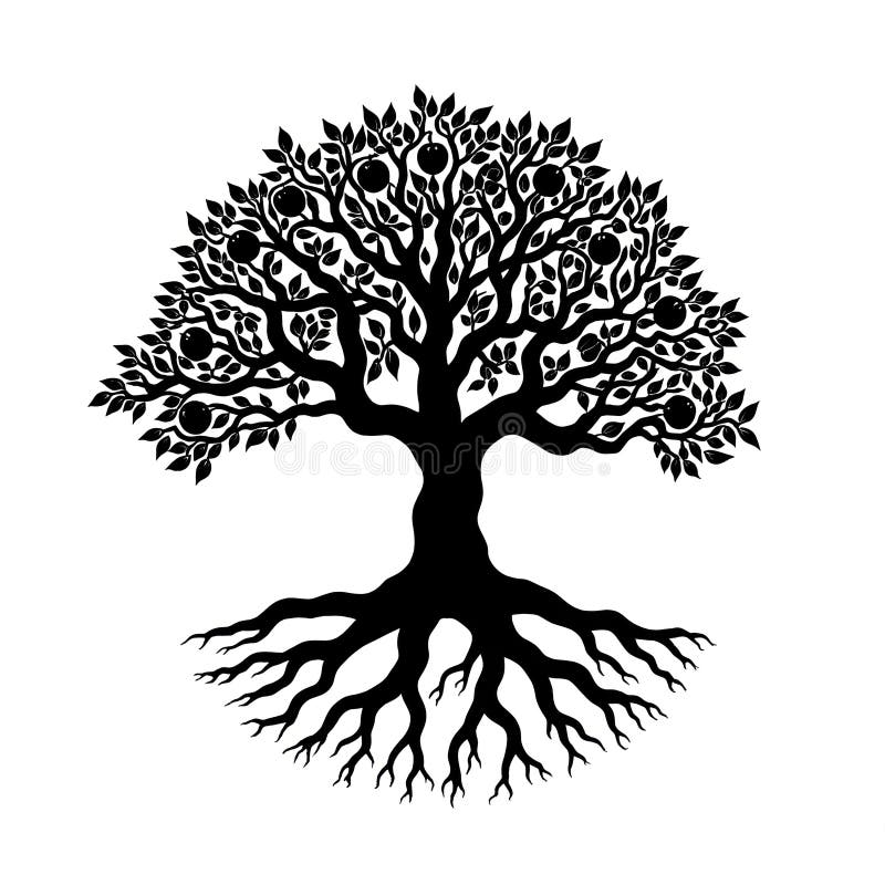 Black Silhouette Illustration of Apple Tree with Extensive Root System ...