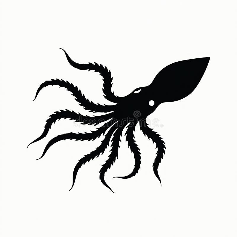 Black Silhouette Illustration of Squid or Octopus in Motion, with ...